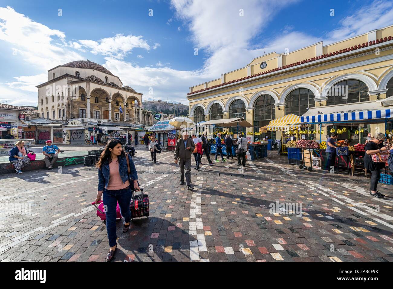 People on Monastiraki Square in Athens city, Greece. View with 18th ...