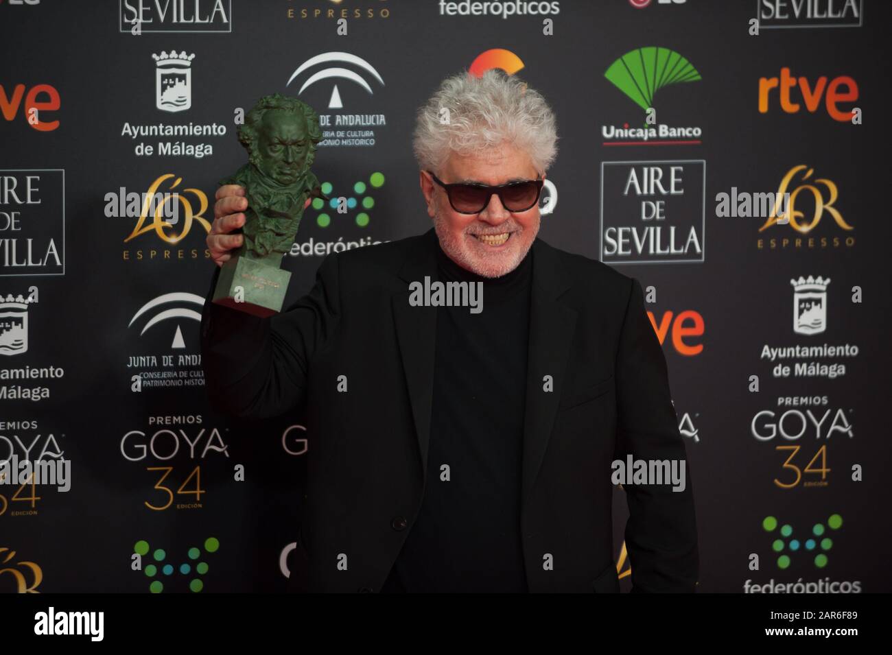 Spanish director Pedro Almodovar poses with his Goya award for the best ...