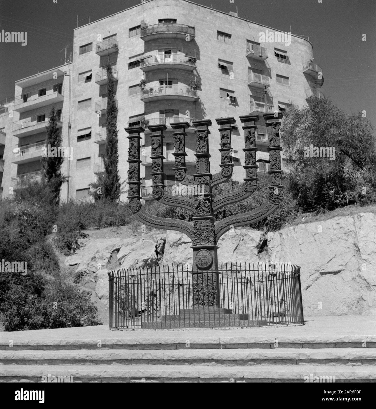 Israel 1964-1965: Jerusalem (Jerusalem), street statues Menora of 5 ...