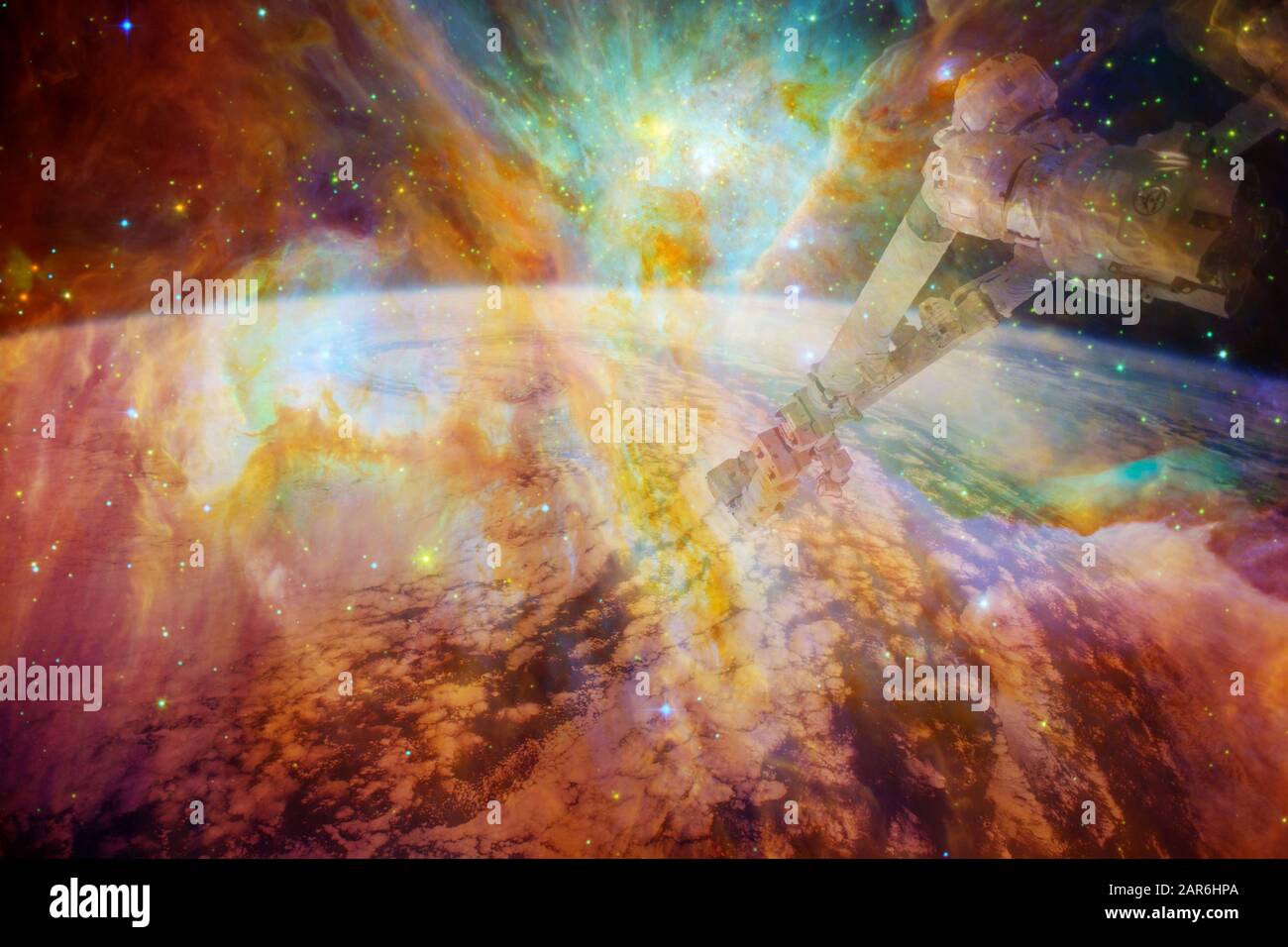 ISS space station walking Earth planet orbit. Endless of universe ...