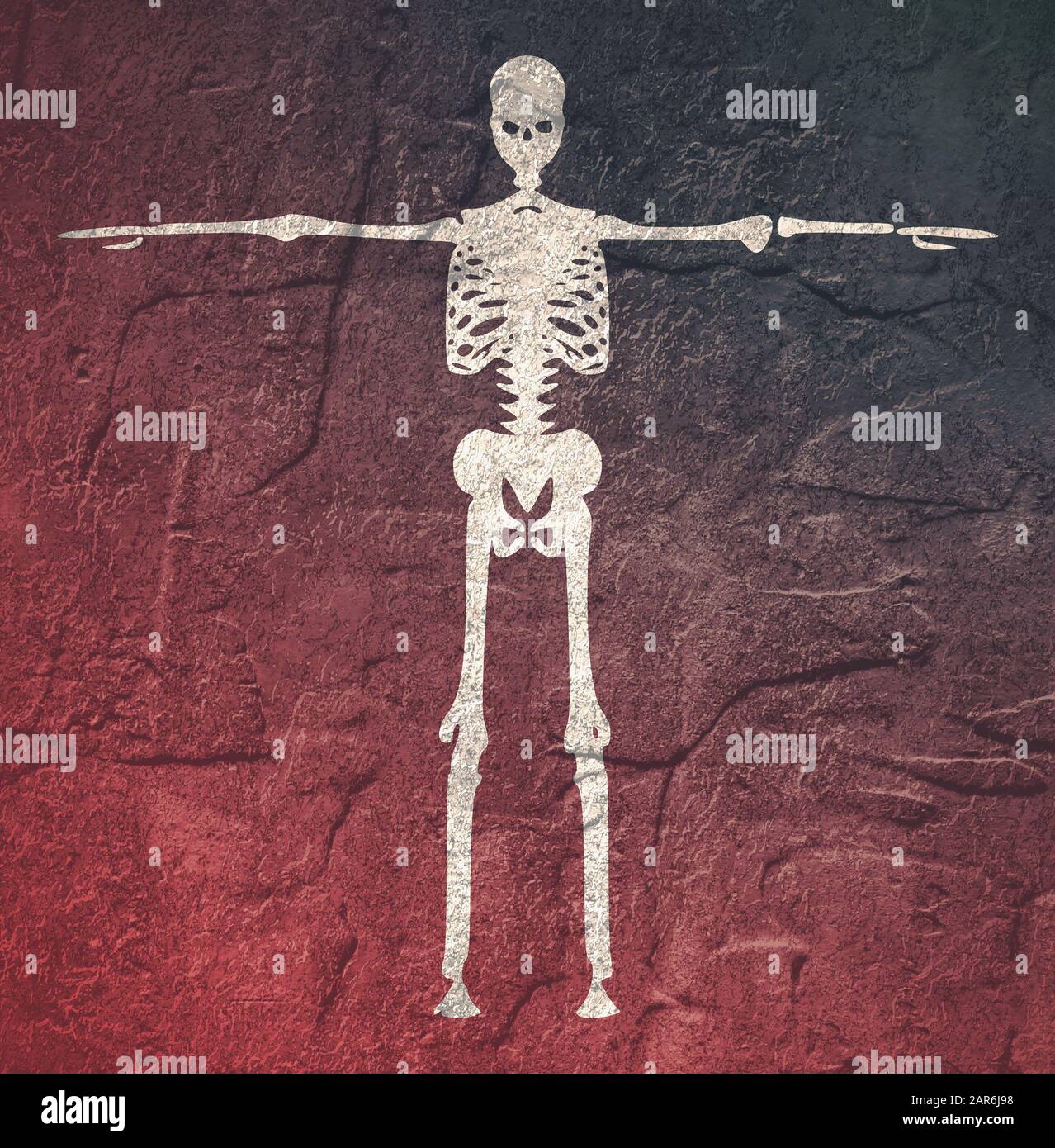 Human skeleton posing. Halloween party design template. Grunge distress ...