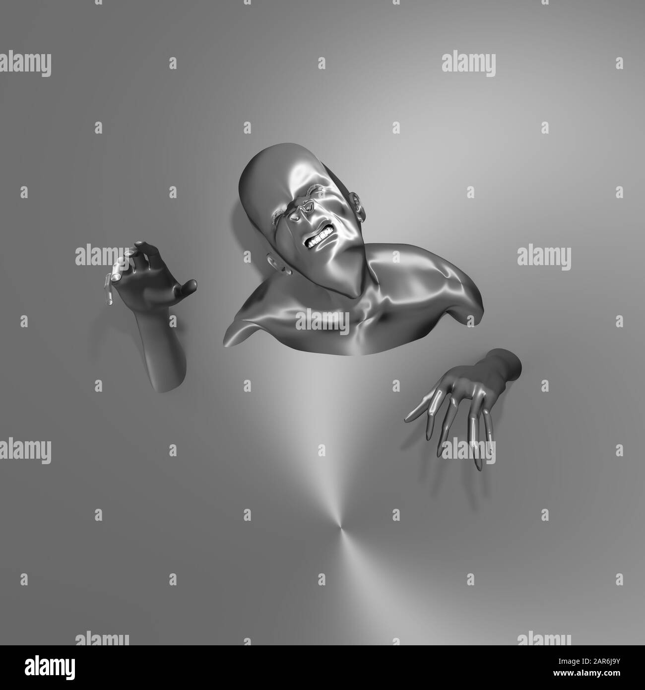 Posing horrified zombie. Dark blue metallic material skin. 3D rendering ...