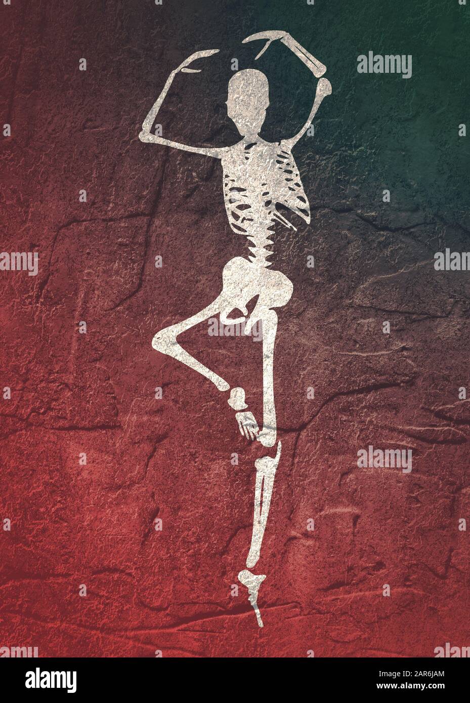 Human skeleton posing. Halloween party design template. Grunge distress ...