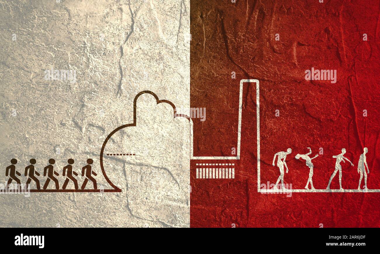 An outline of a factory on orange background. Workers going to the ...