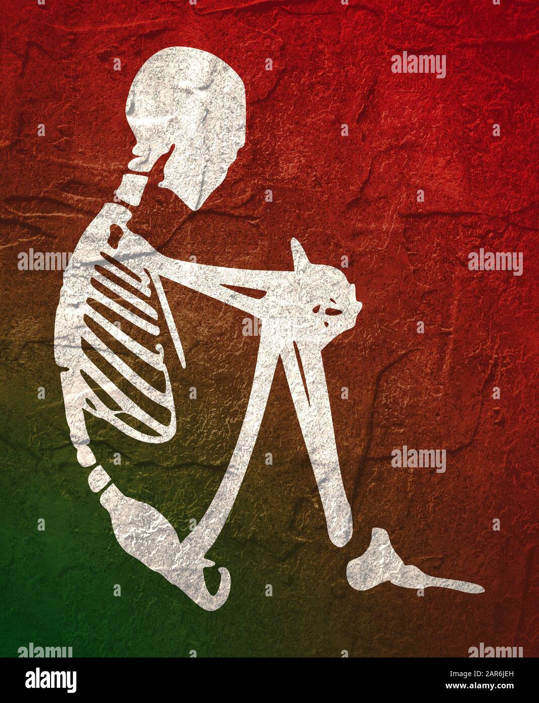 Human skeleton sitting. Halloween party design template. Grunge ...