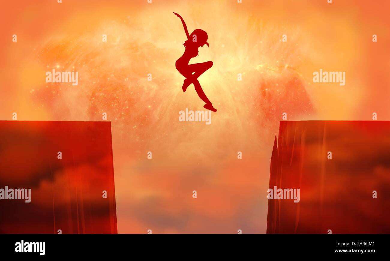 A woman silhouette jumping over a gap between two rocky mountains Stock ...