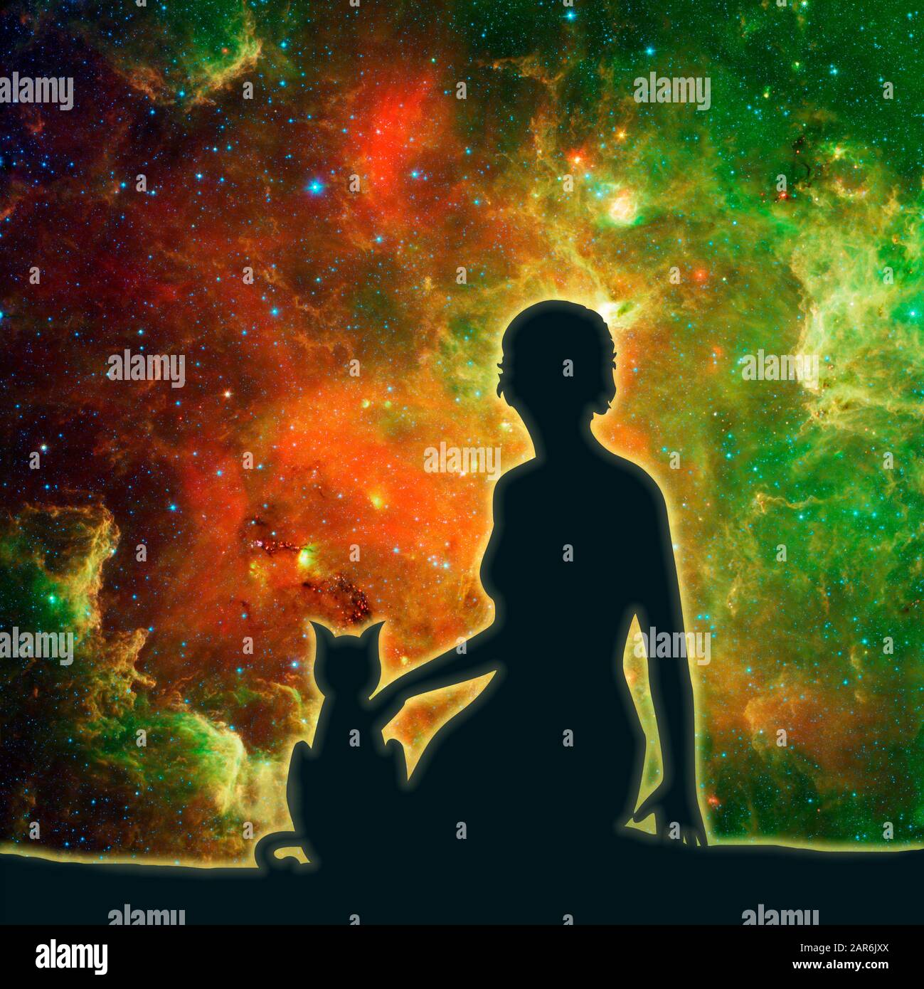 The woman sitting with cat. Elements of this image furnished by NASA ...