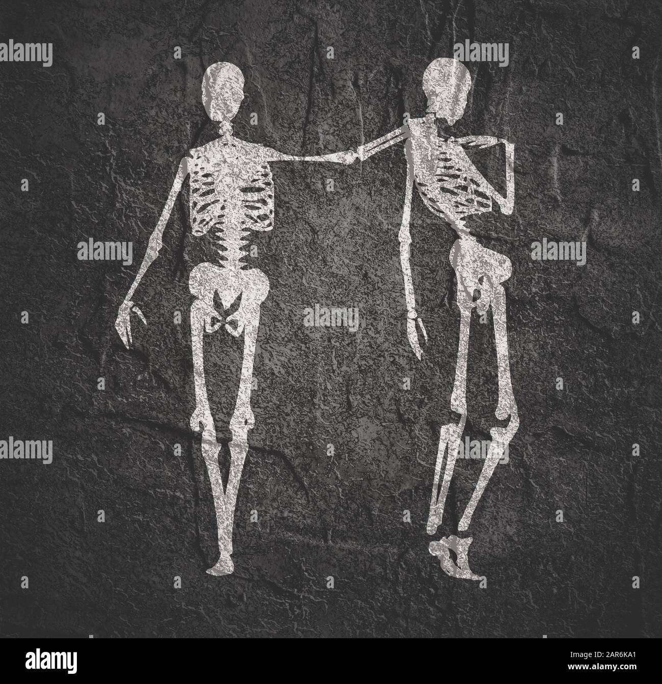 Human skeletons standing and hugging. Halloween party design template ...