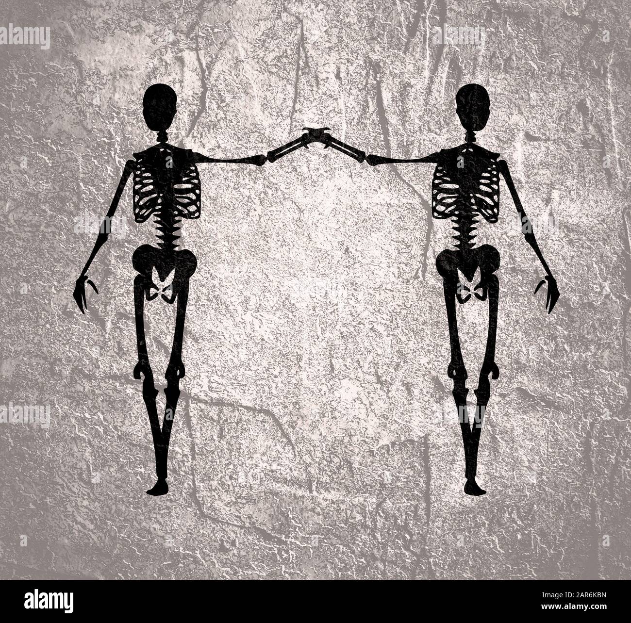 Human skeletons standing and hugging. Halloween party design template ...