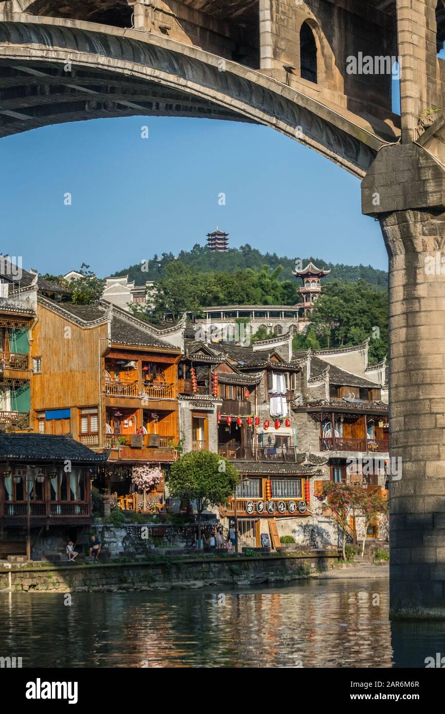 Feng Huang, China - August 2019 : Arched high road bridge over Tuo ...