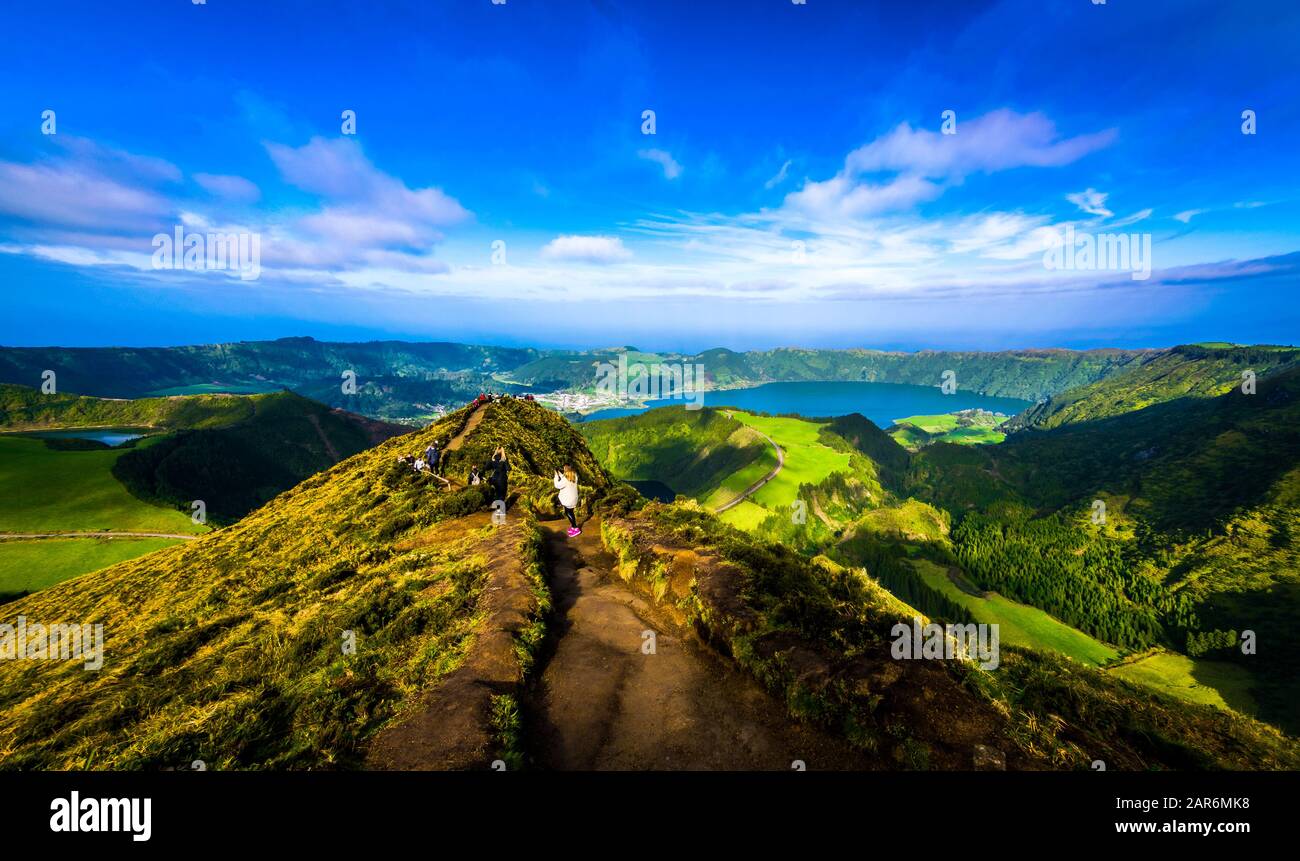 Little path to the "Grota do inferno" lookout with "Lagoa azul" lake at ...