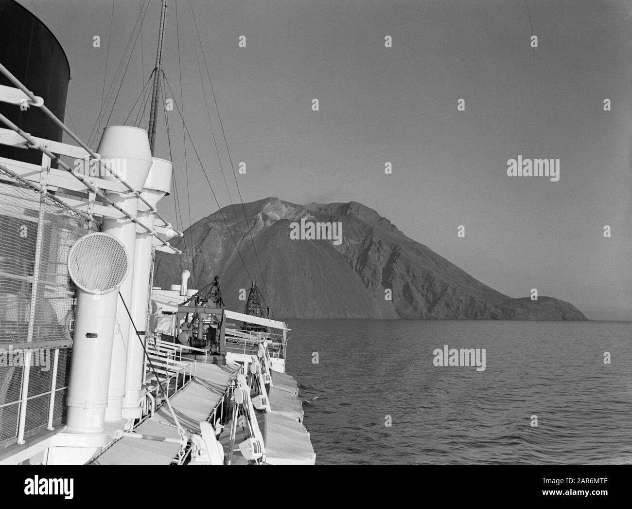 On board the MS Dempo Motor ship Dempo approaching the volcanic island ...