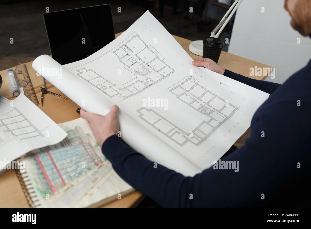 Architect Working In Office With Blueprintsengineer Inspect Architectural Plan Sketching A