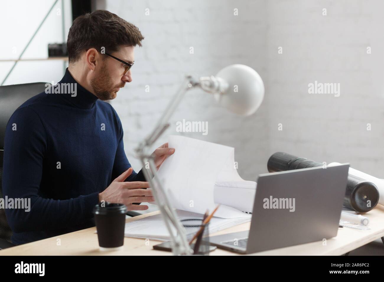 Architect Working In Office With Blueprintsengineer Inspect Architectural Plan Sketching A