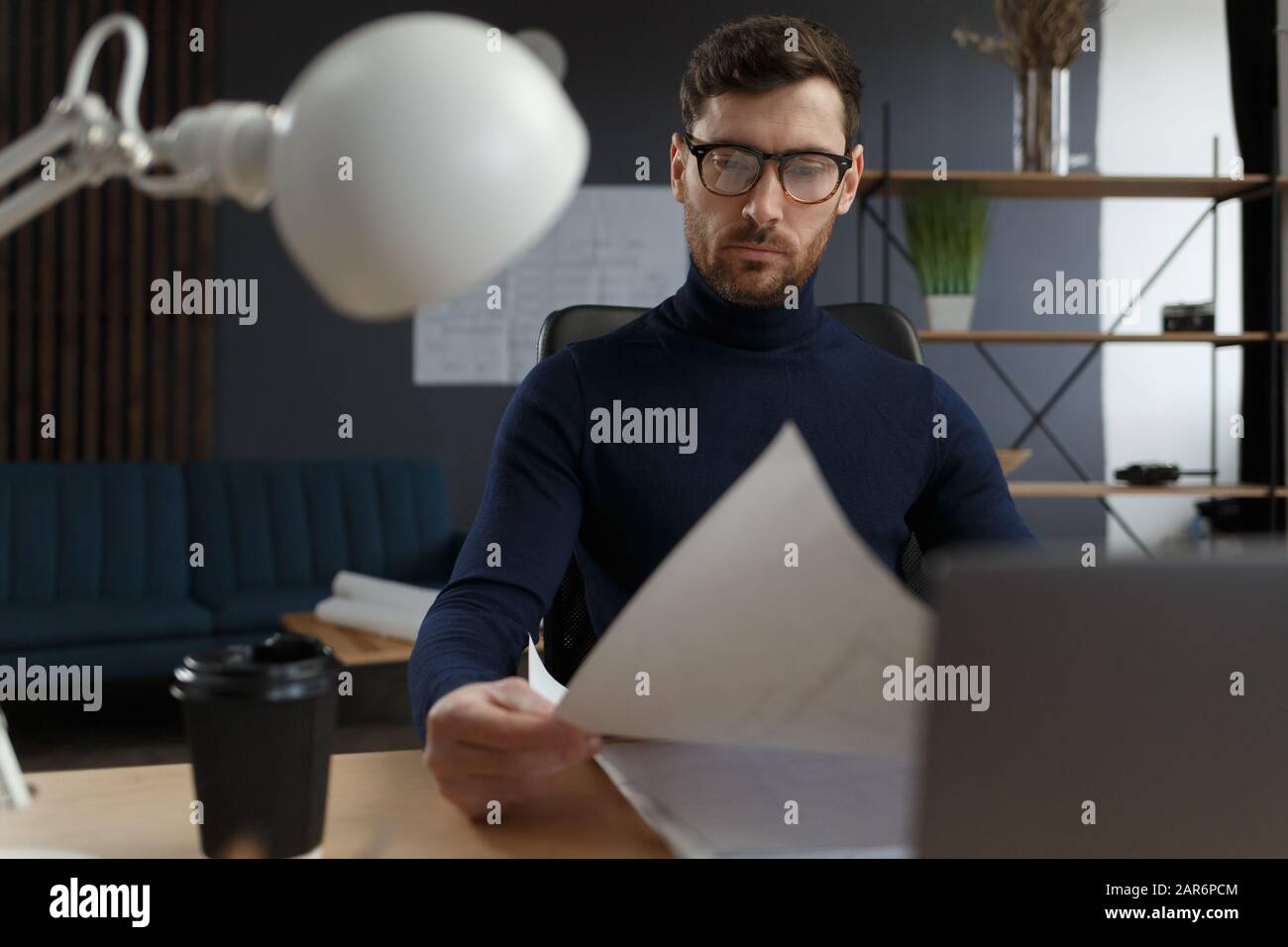 Architect Working In Office With Blueprintsengineer Inspect Architectural Plan Sketching A