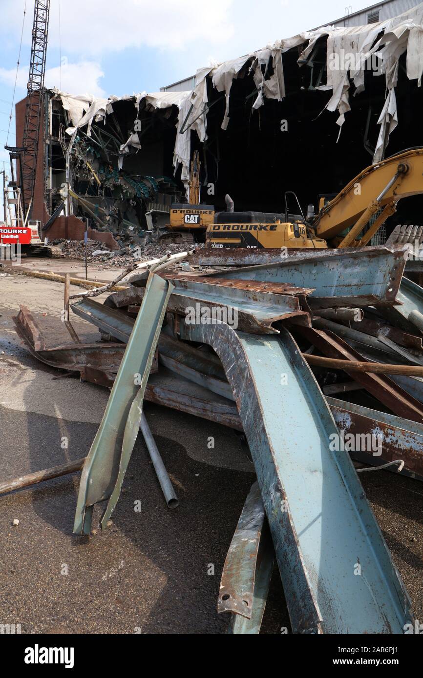 Building demolition Old sports arena Cincinnati Ohio USA metal recycle ...