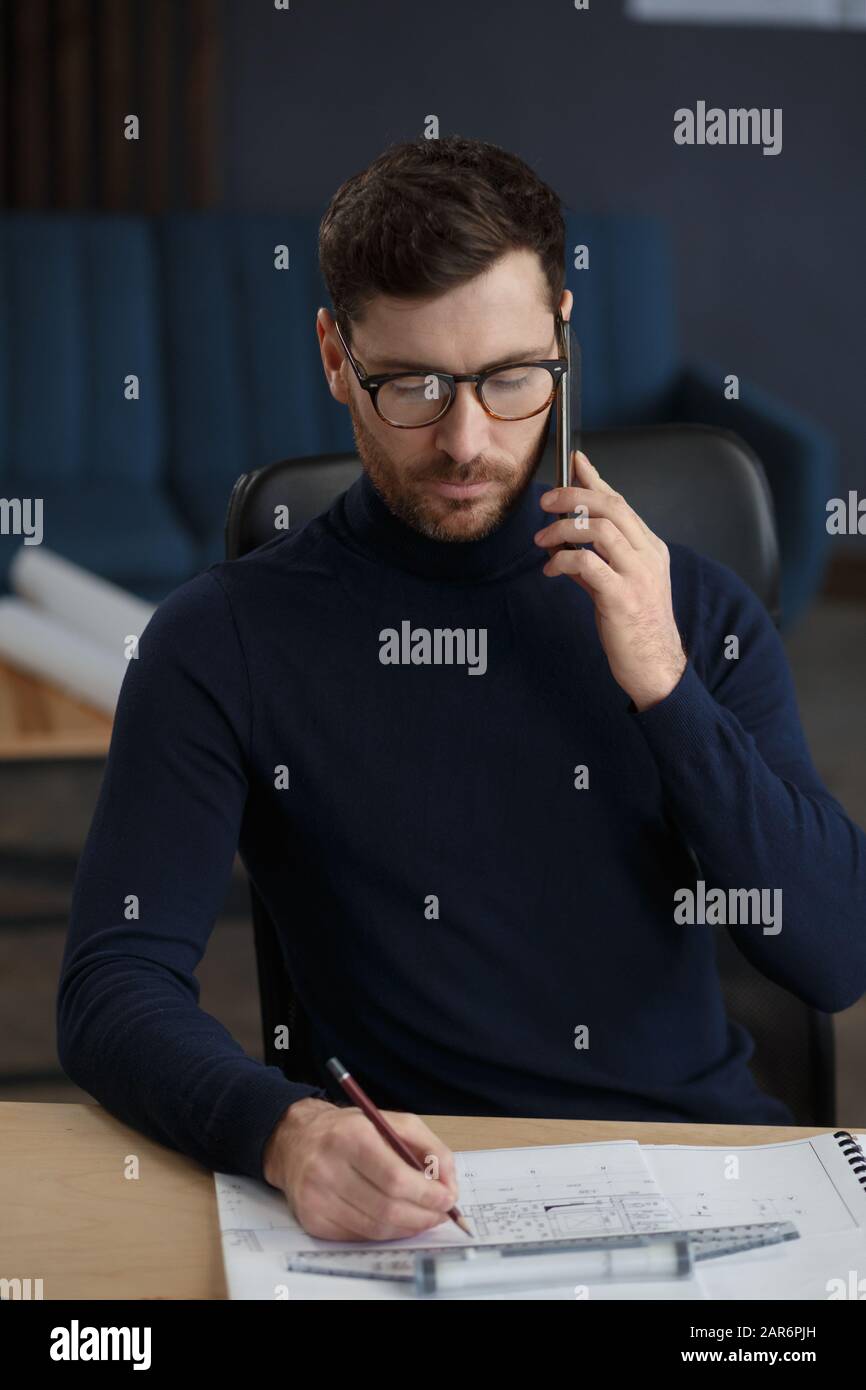 Architect Working In Office With Blueprintsengineer Inspect Architectural Plan Sketching A