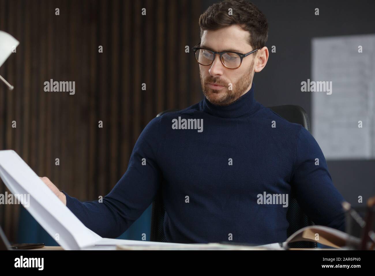 Architect Working In Office With Blueprintsengineer Inspect Architectural Plan Sketching A