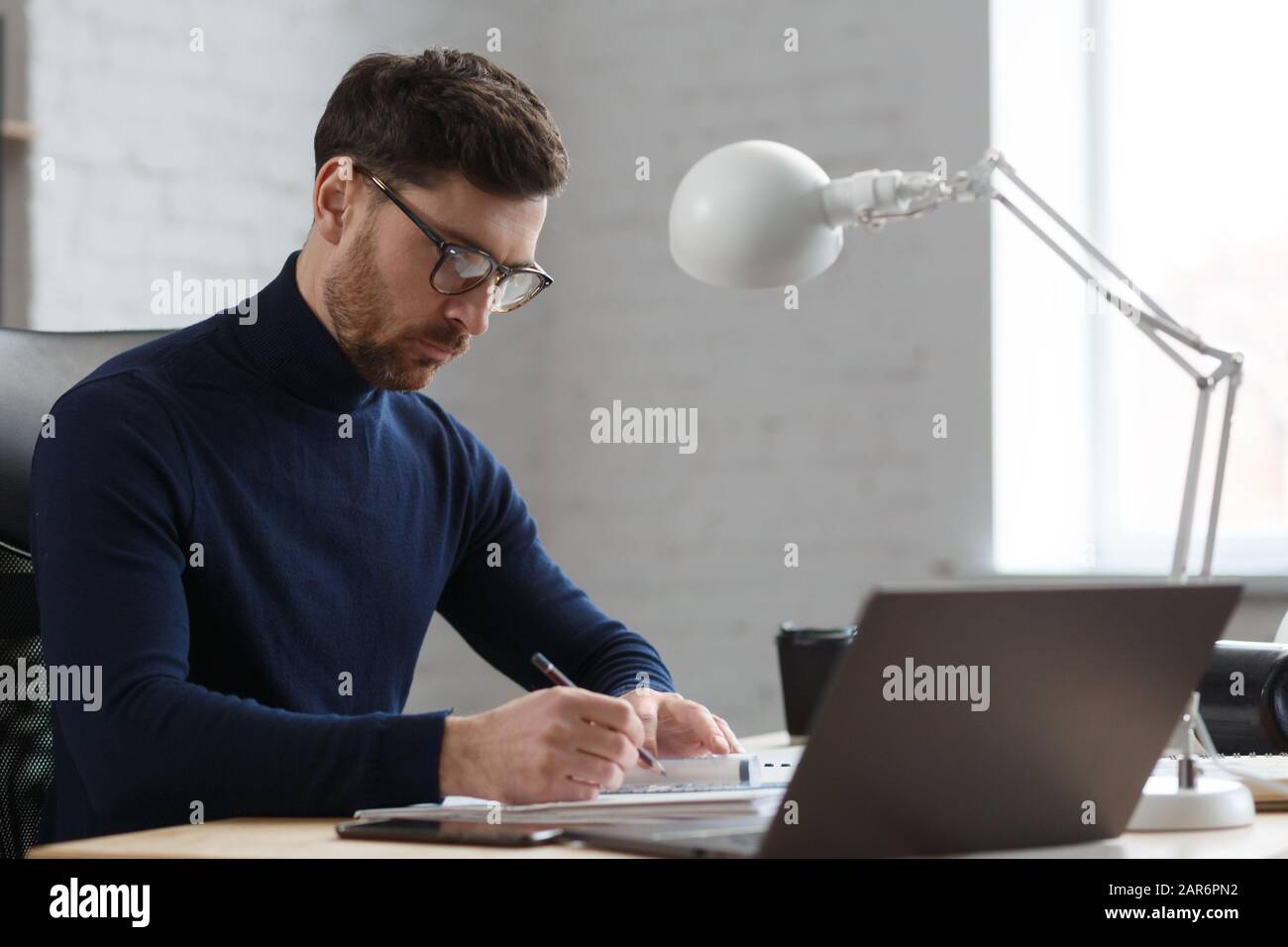 Architect Working In Office With Blueprintsengineer Inspect Architectural Plan Sketching A