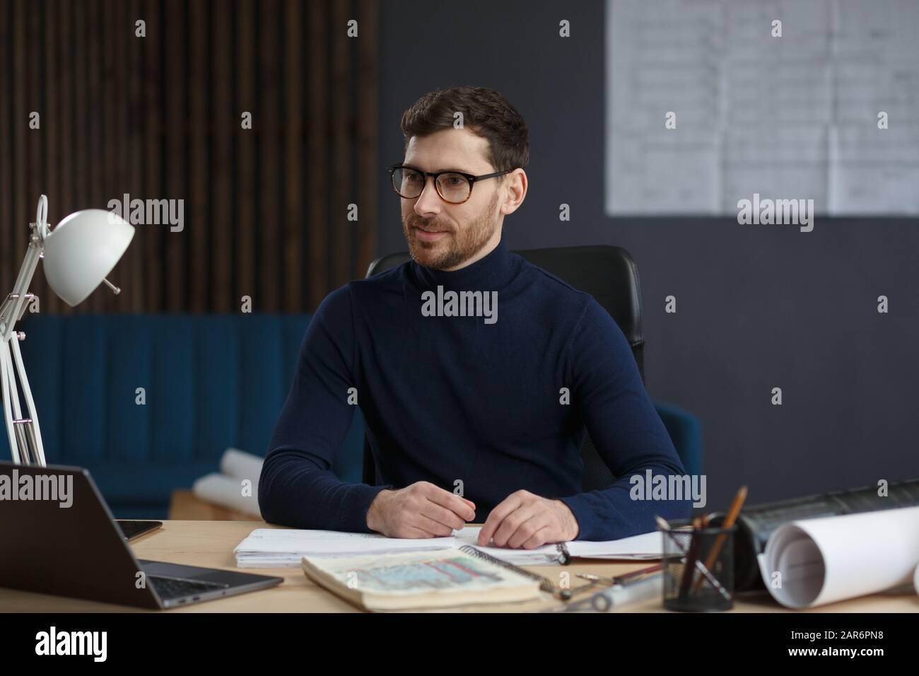 Architect Working In Office With Blueprintsengineer Inspect Architectural Plan Sketching A