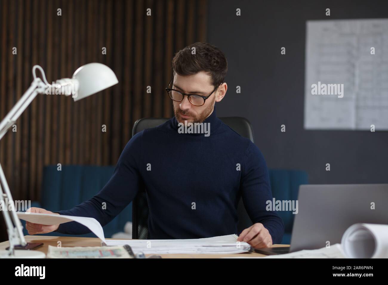 Architect Working In Office With Blueprintsengineer Inspect Architectural Plan Sketching A