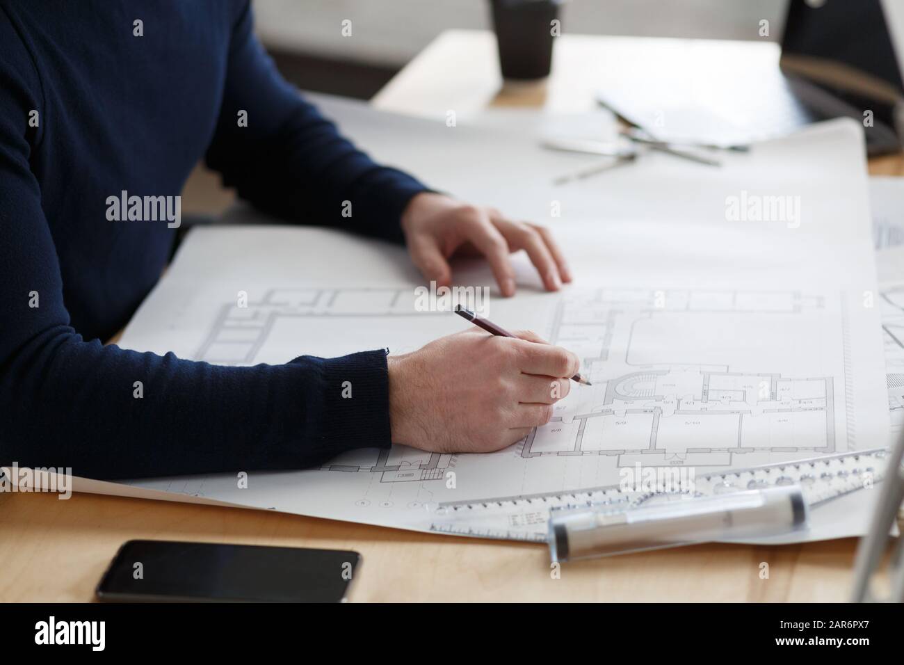 Architect Working In Office With Blueprintsengineer Inspect Architectural Plan Sketching A