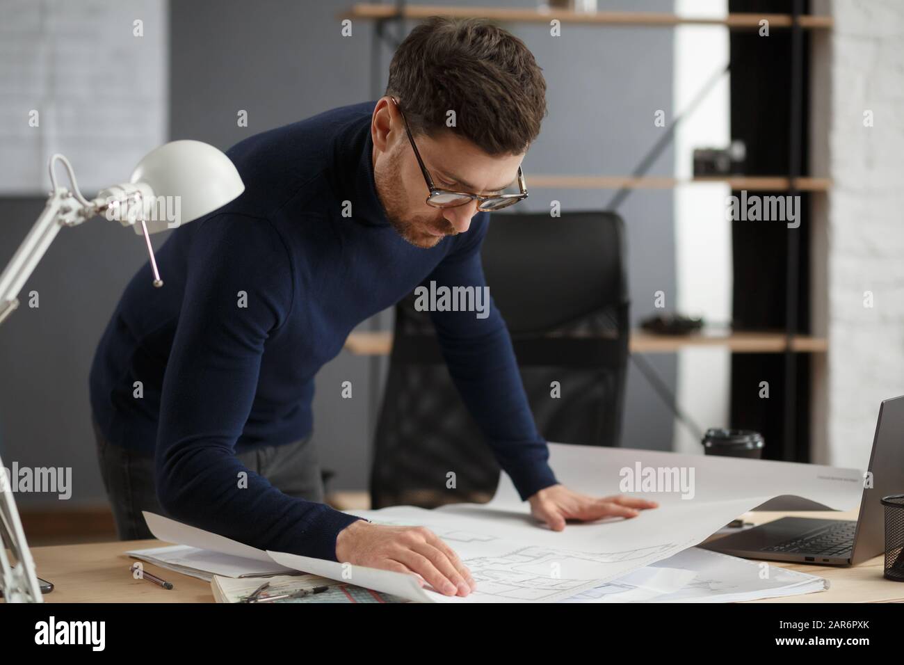 Architect Working In Office With Blueprintsengineer Inspect Architectural Plan Sketching A