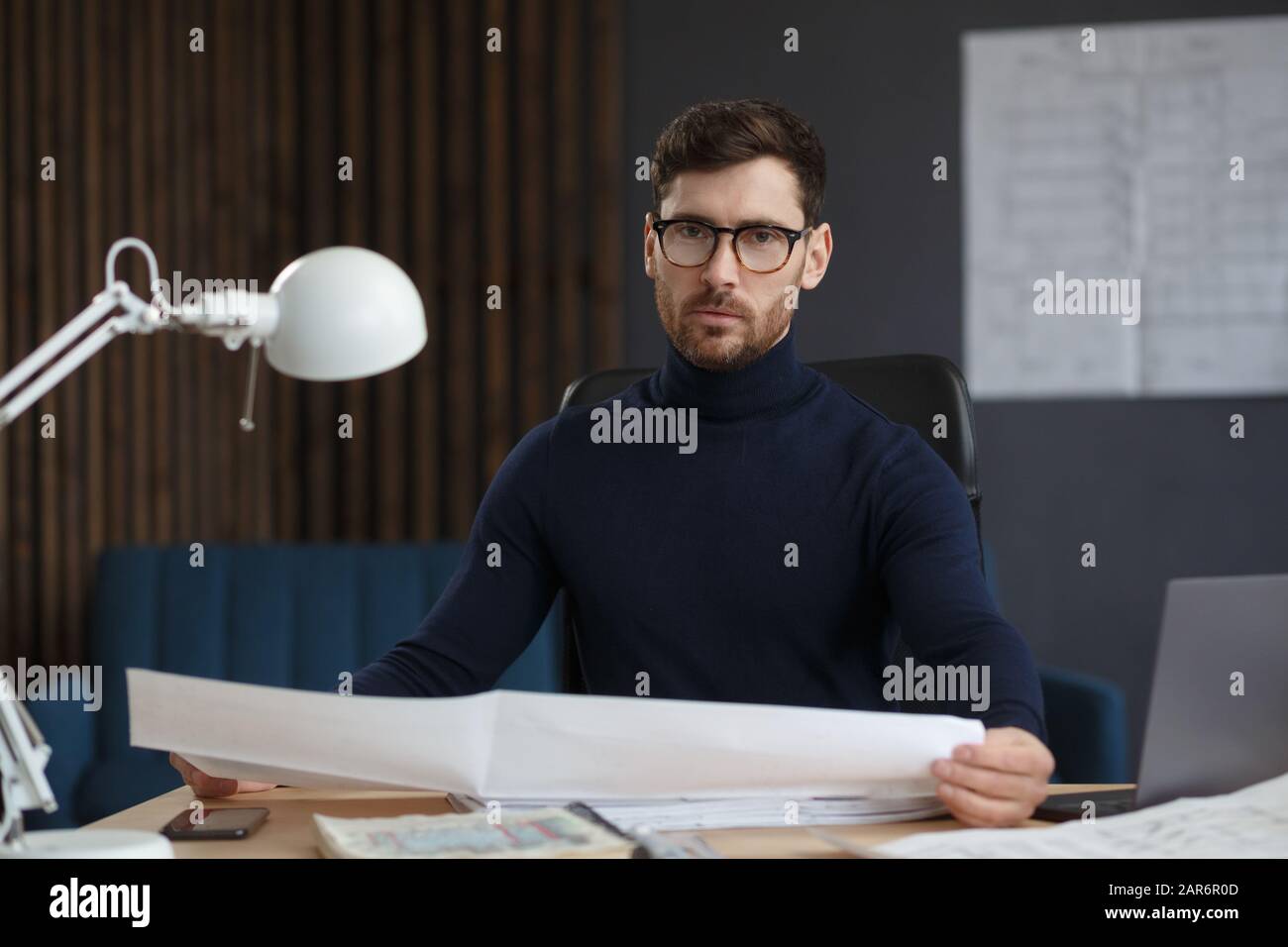 Architect Working In Office With Blueprintsengineer Inspect Architectural Plan Sketching A