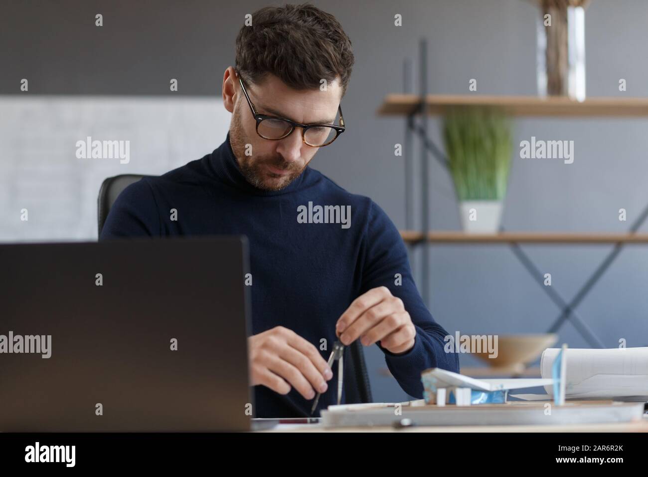 Architect Working In Office With Blueprintsengineer Inspect Architectural Plan Sketching A