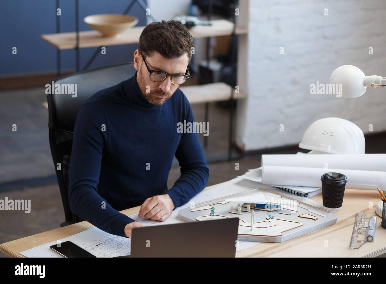 Architect Working In Office With Blueprintsengineer Inspect Architectural Plan Sketching A