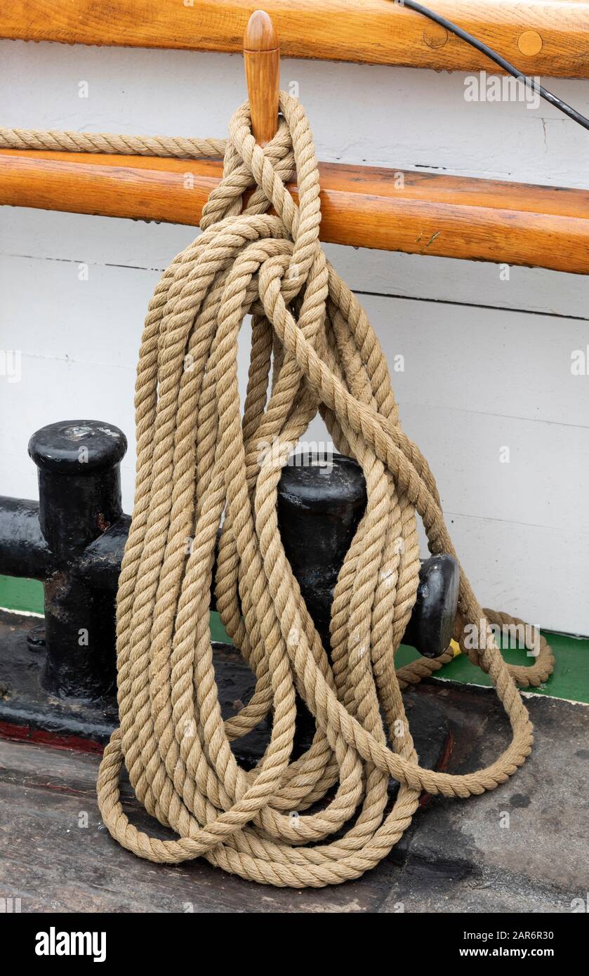 Interesting rope shapes onboard the sailing ship Donna Wood, in ...