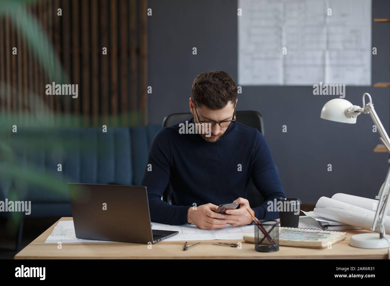 Architect Working In Office With Blueprintsengineer Inspect Architectural Plan Sketching A