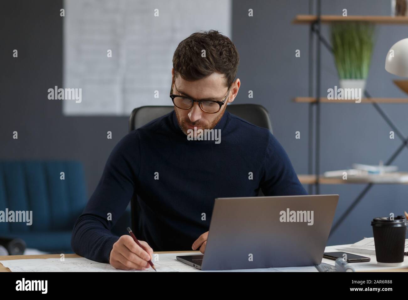 Architect Working In Office With Blueprintsengineer Inspect Architectural Plan Sketching A