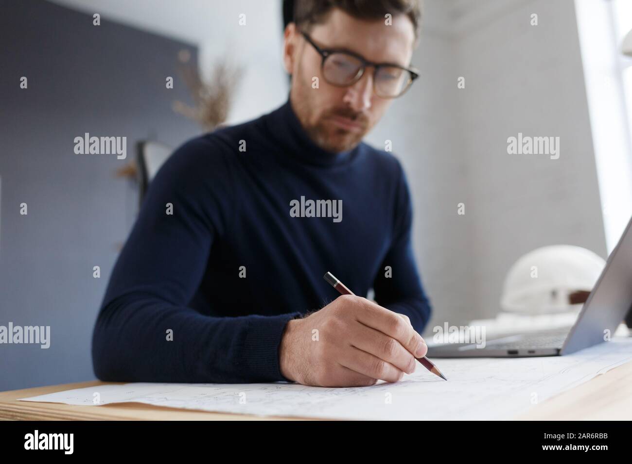 Architect Working In Office With Blueprintsengineer Inspect Architectural Plan Sketching A