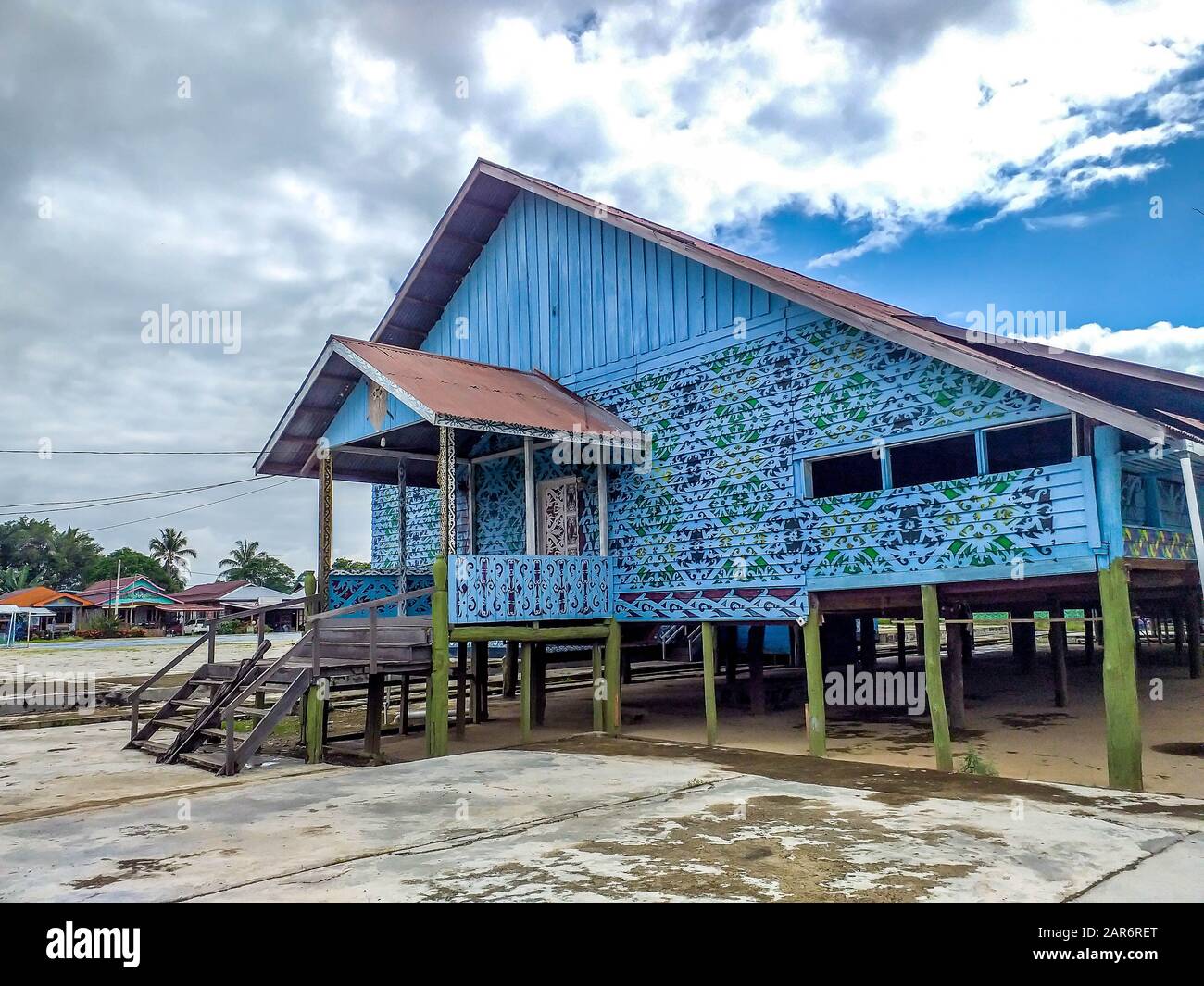 Dayak Lundayeh traditional house with tribal painting. Dayak is native ...