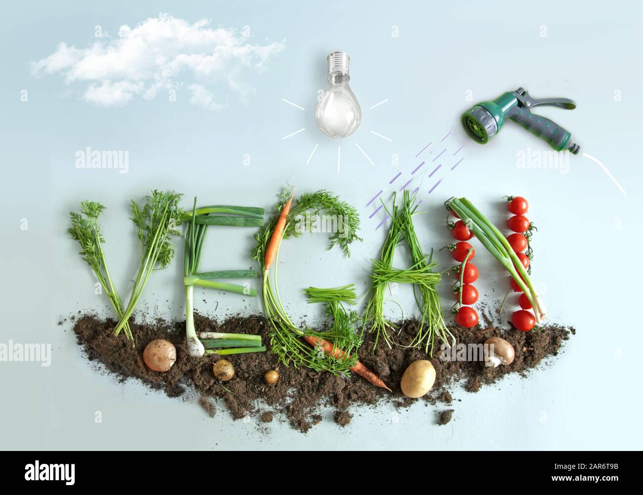 Vegan letters made from organic fruits and vegetables growing in a ...