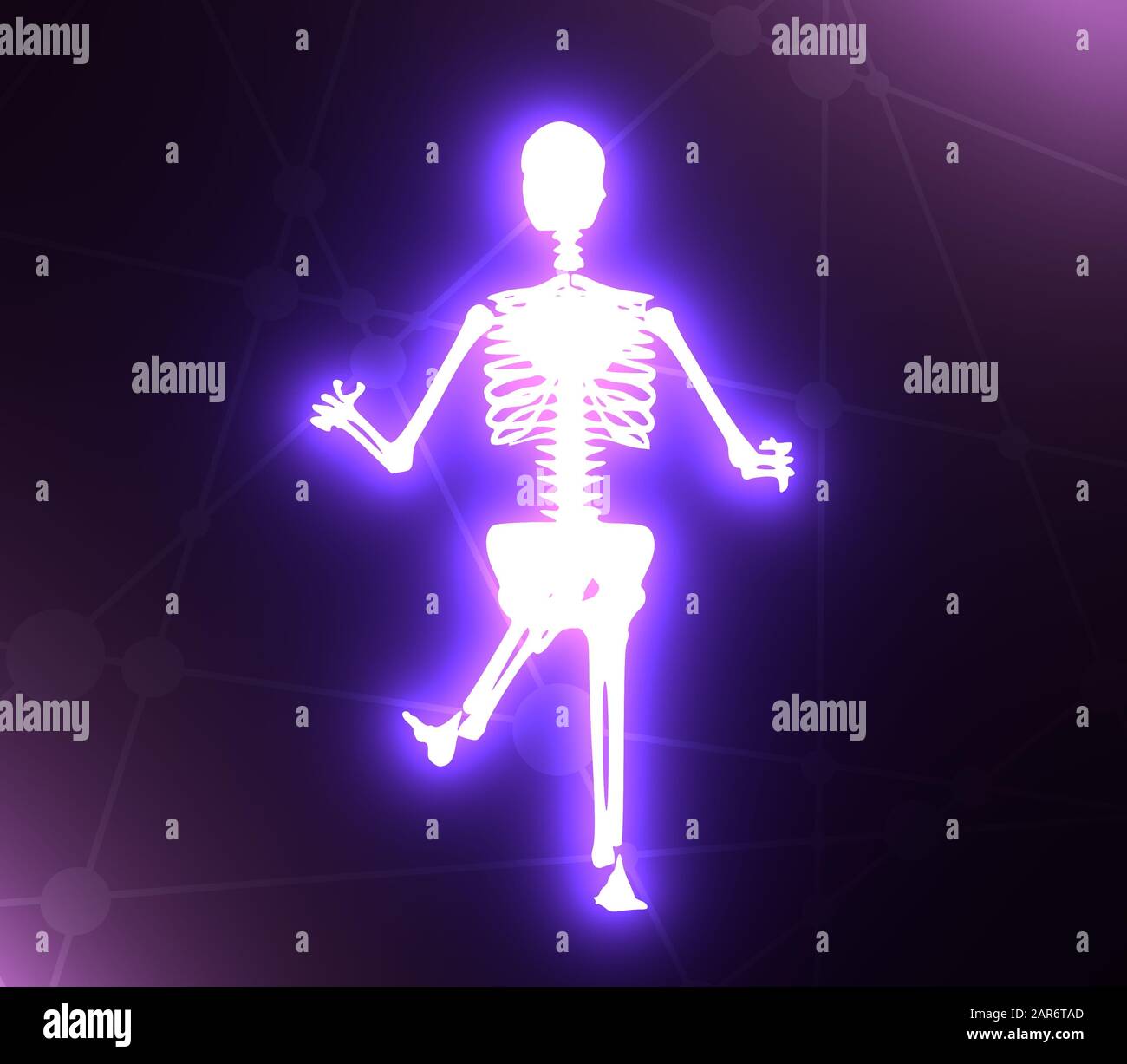 Human skeleton posing. Halloween party design template. 3D rendering ...