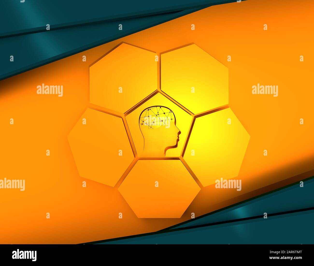 Hexagon geometric shape and human head. Golden material. 3D rendering ...