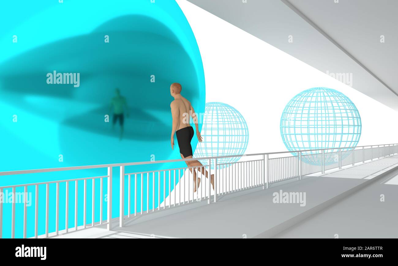 Man jumping from abstract bridge to reflected sphere. 3D rendering ...