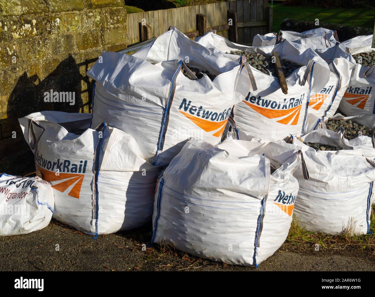 Network Rail Bags of crushed rock Ballast placed beside the Esk Valley ...