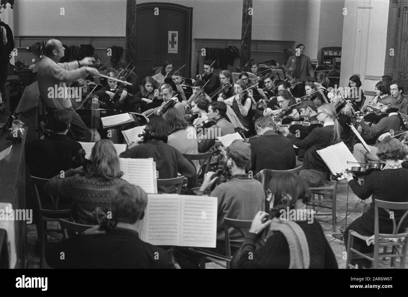Dutch Student Orchestra rehearses in Ruine church in Mons. Overview of ...
