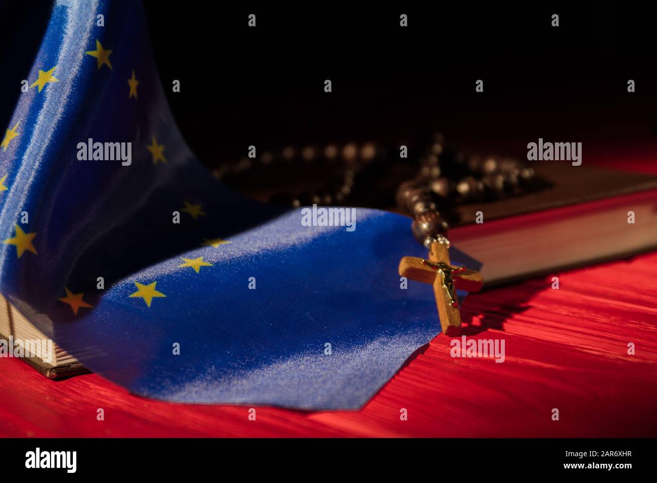 European Union flag, holy bible and rosary with crucifix Stock Photo ...