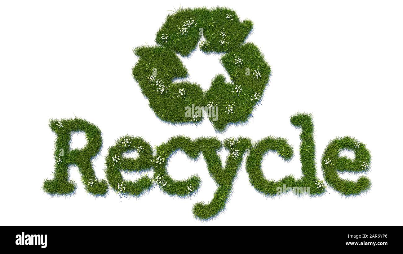 Recycle writing made of grass 3D rendered message illustration Stock ...