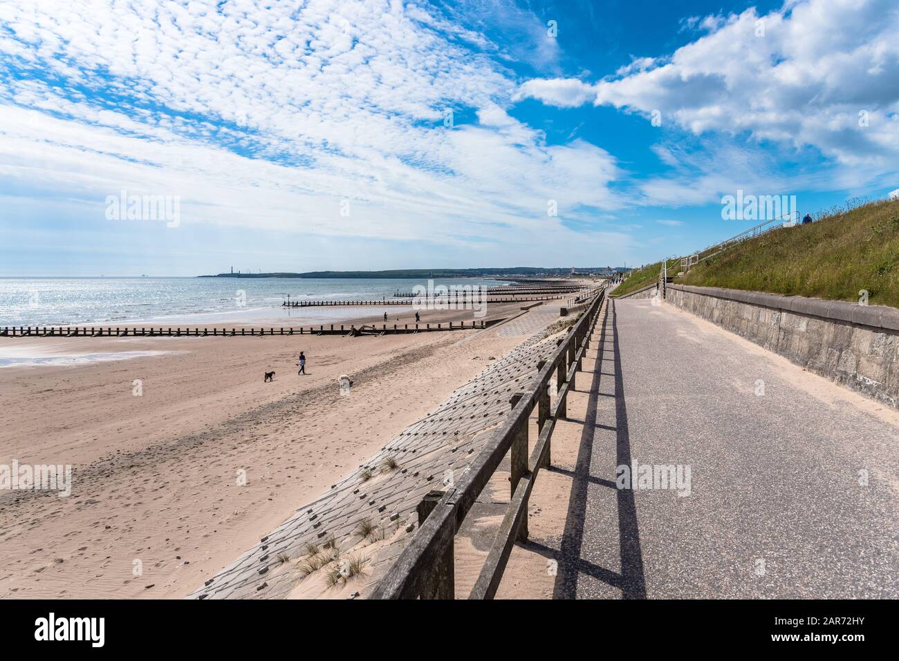 Fenced path on a seawall along a sandy beach on a partly cloudy spring ...
