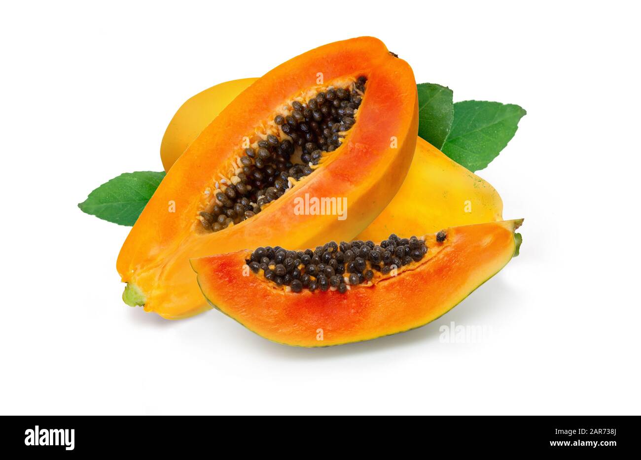 whole and half of ripe papaya fruit with seeds isolated on white ...