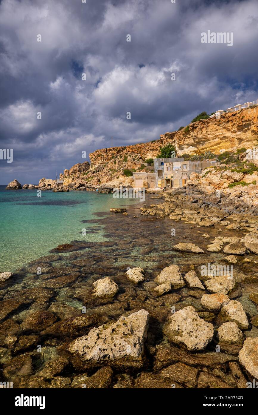 Malta sea shore, west coast of the Mediterranean island, near Golden ...