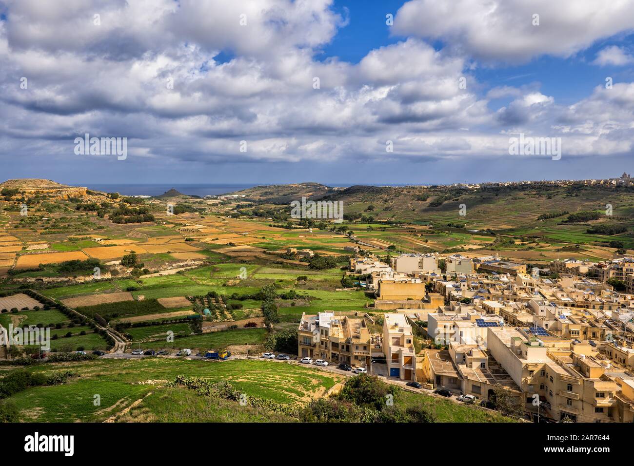 Gozo island countryside landscape in Malta, houses of the Victoria city ...