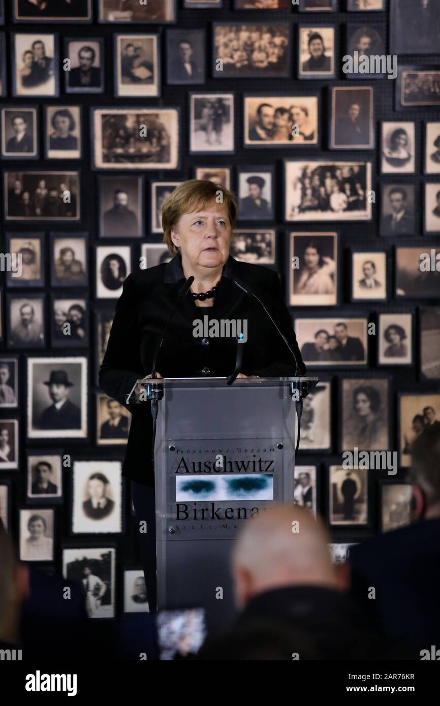 Auschwitz-Birkenau,Poland- 6 December 2019: speech of chancellor Angela ...