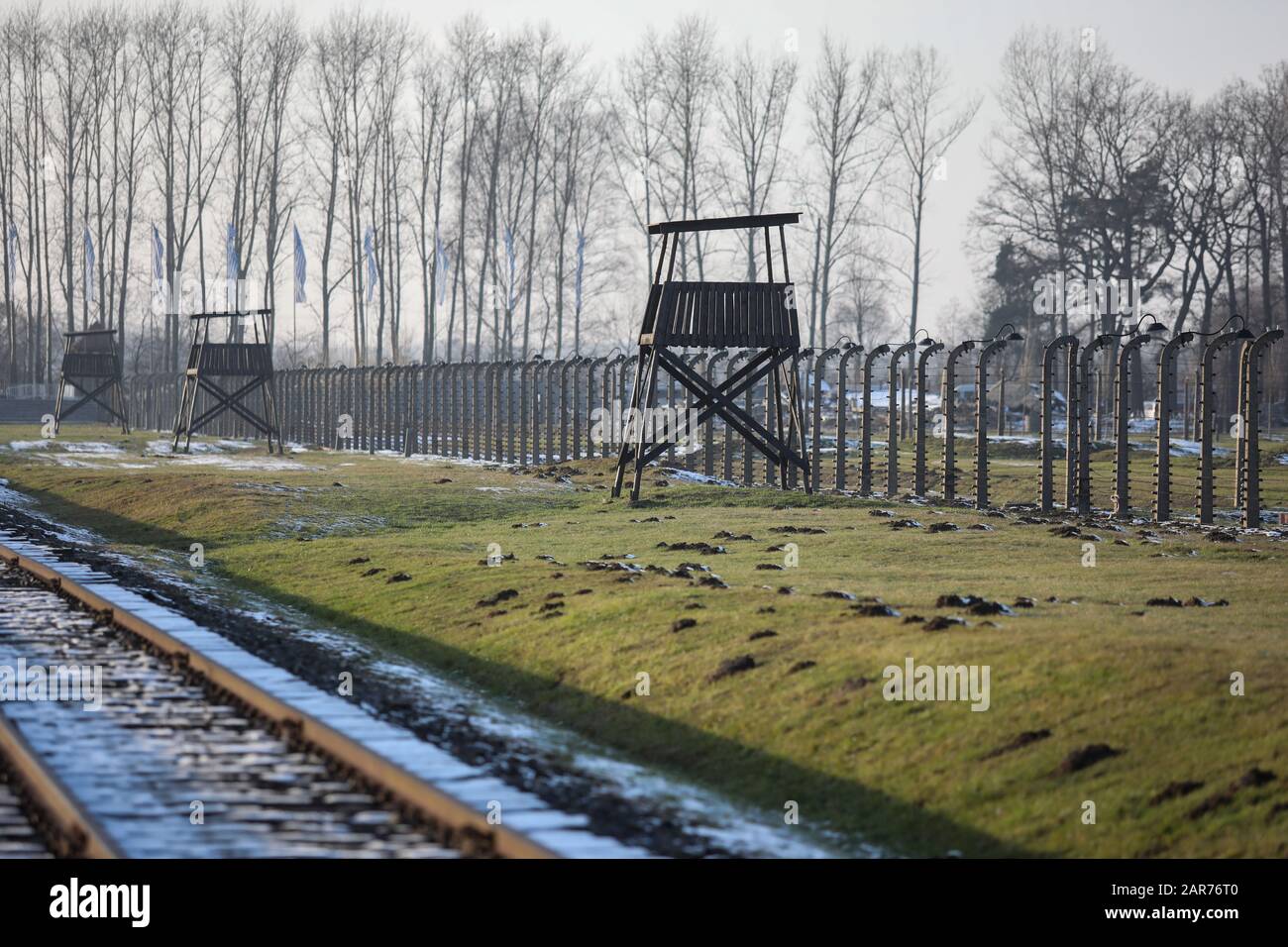 AUSCHWITZ, POLAND - 20 December 2019: Watch towers at Auschwitz ...