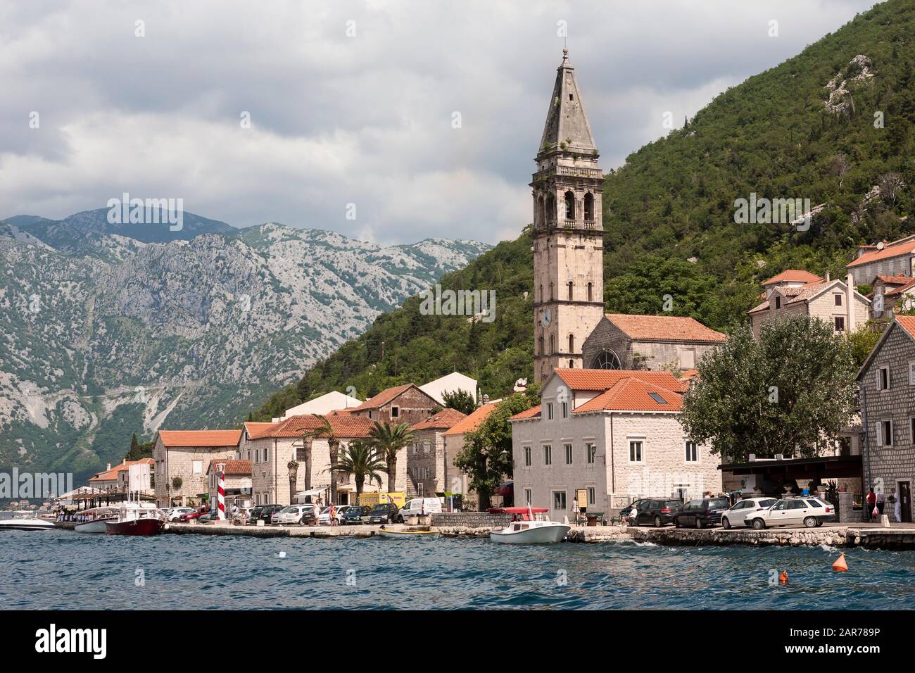 The waterfront at the pretty village of Perast, Bay of Kotor ...